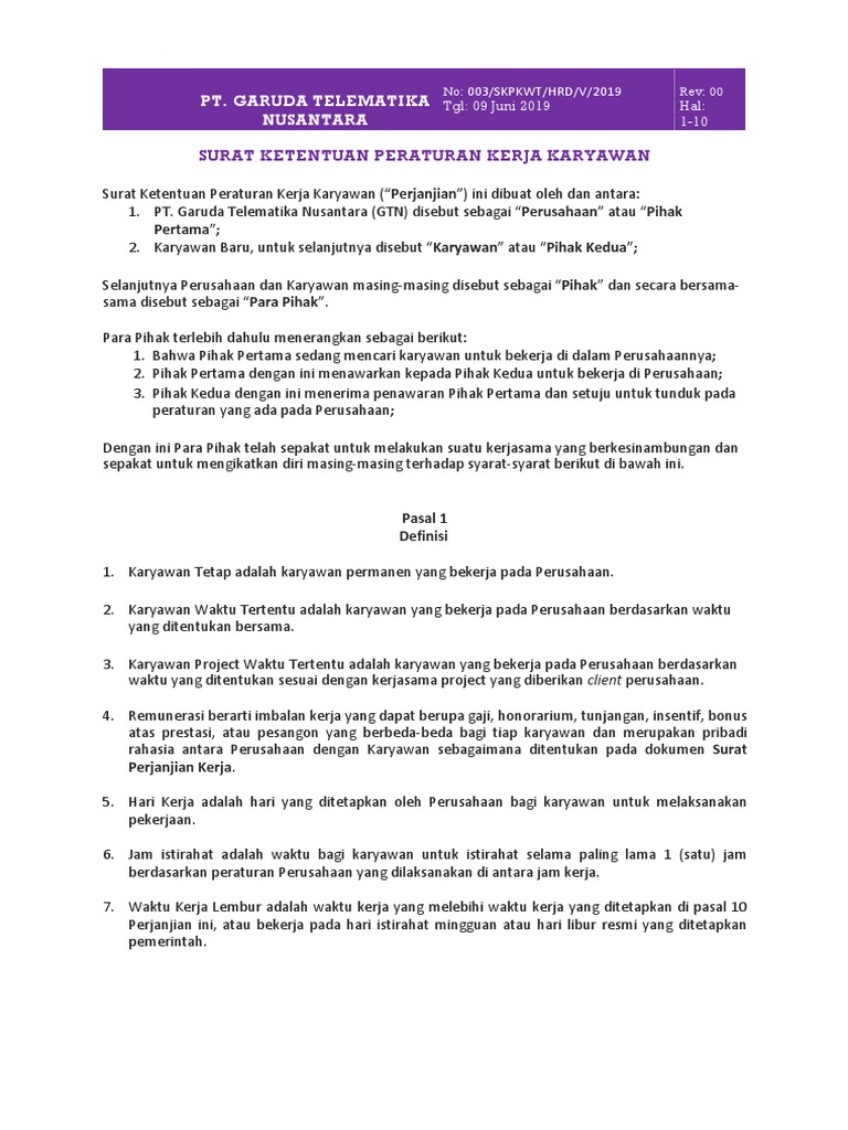 Surat Ketentuan Peraturan Kerja Karyawan GTN PDF | PDF