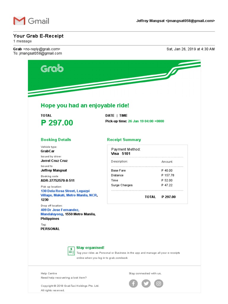 Hope You Had An Enjoyable Ride!: Your Grab E-Receipt | PDF