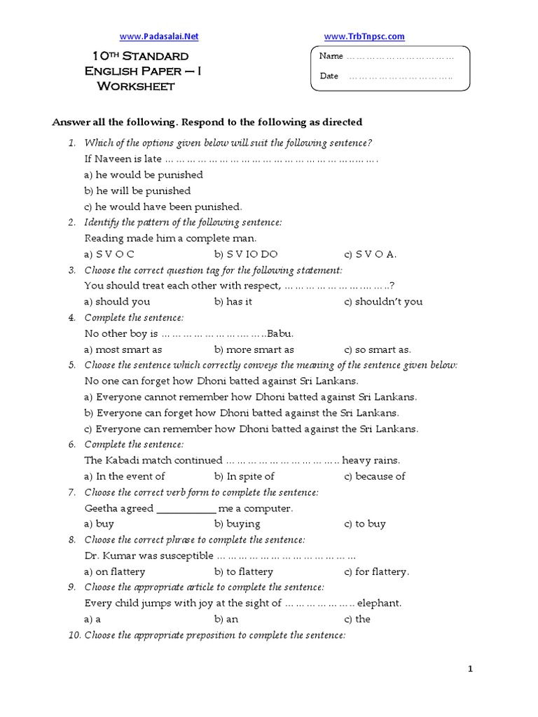 10th Grade English Worksheet Answers | PDF | Syntax | Cognition