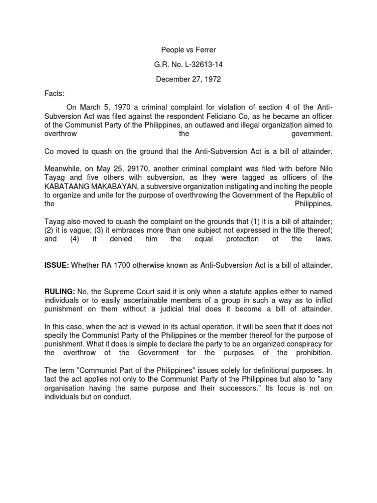 ISSUE: Whether RA 1700 Otherwise Known As Anti-Subversion Act Is A Bill ...