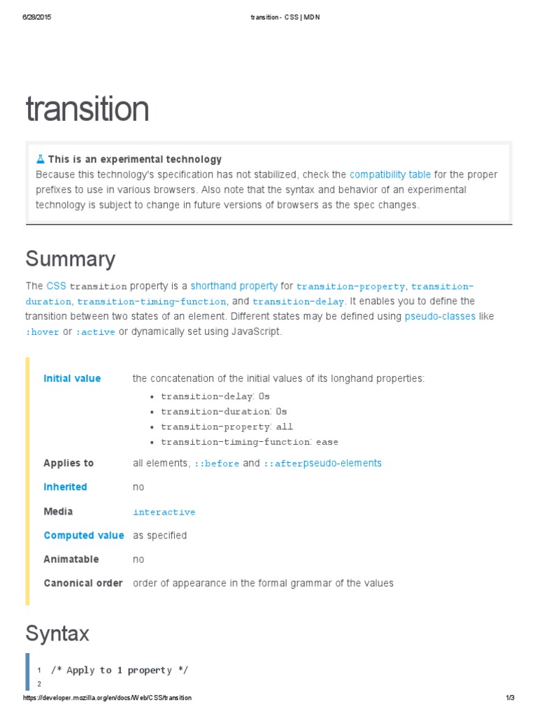 Transition - CSS - MDN | PDF | Cascading Style Sheets | Software Engineering