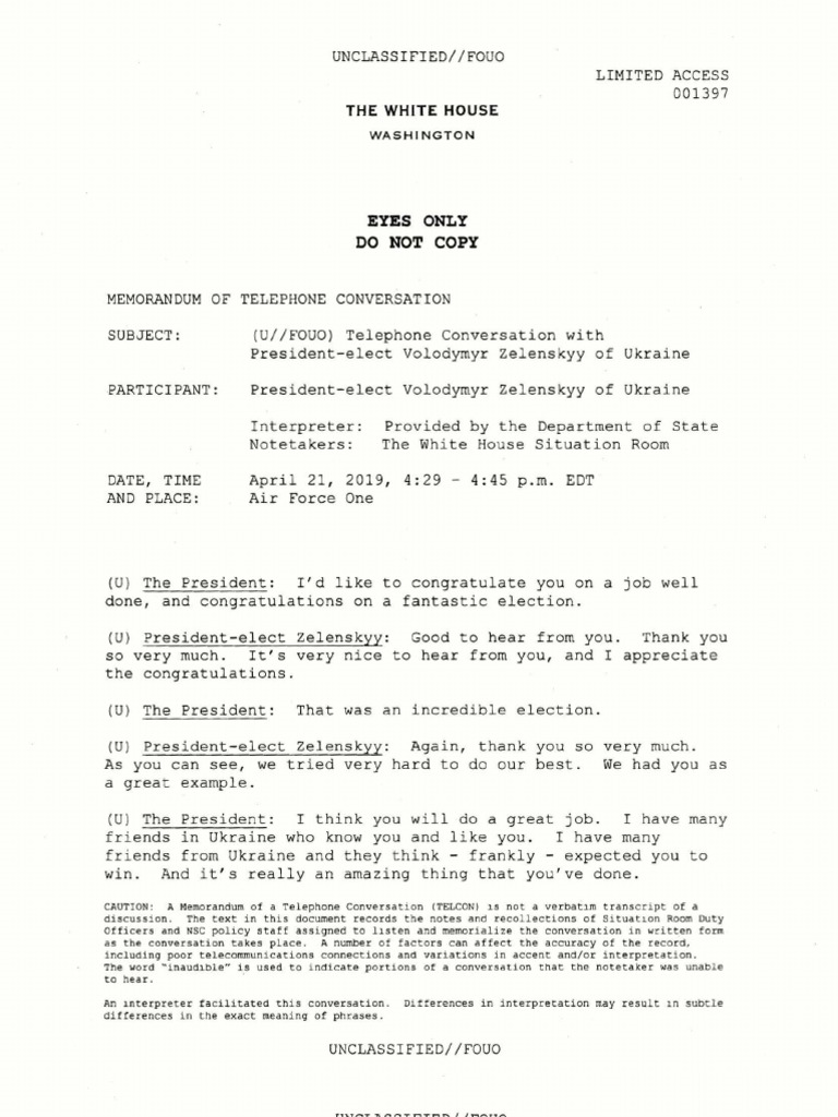 White House releases rough transcript of Trump's first Ukraine call ...