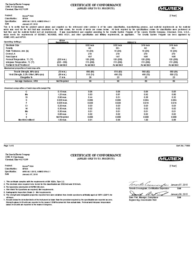 Lincoln (Data Sheet) Murex E7024 | PDF | Specification (Technical ...