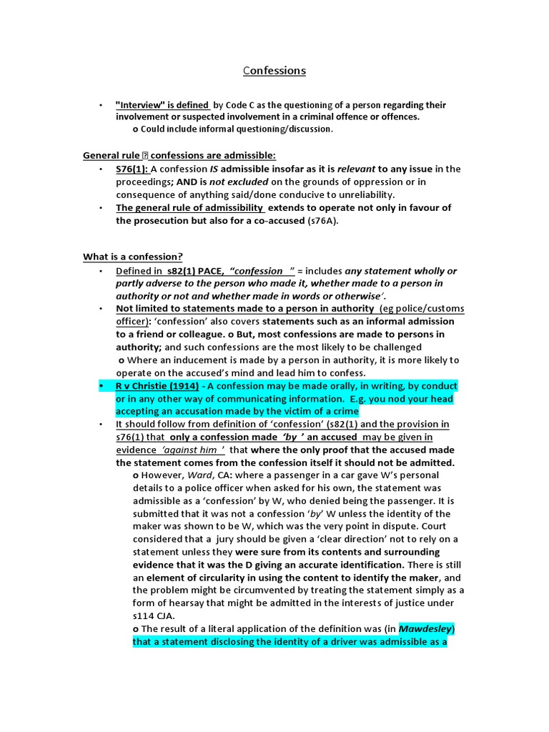 Confessions - Notes | PDF | Confession (Law) | Evidence