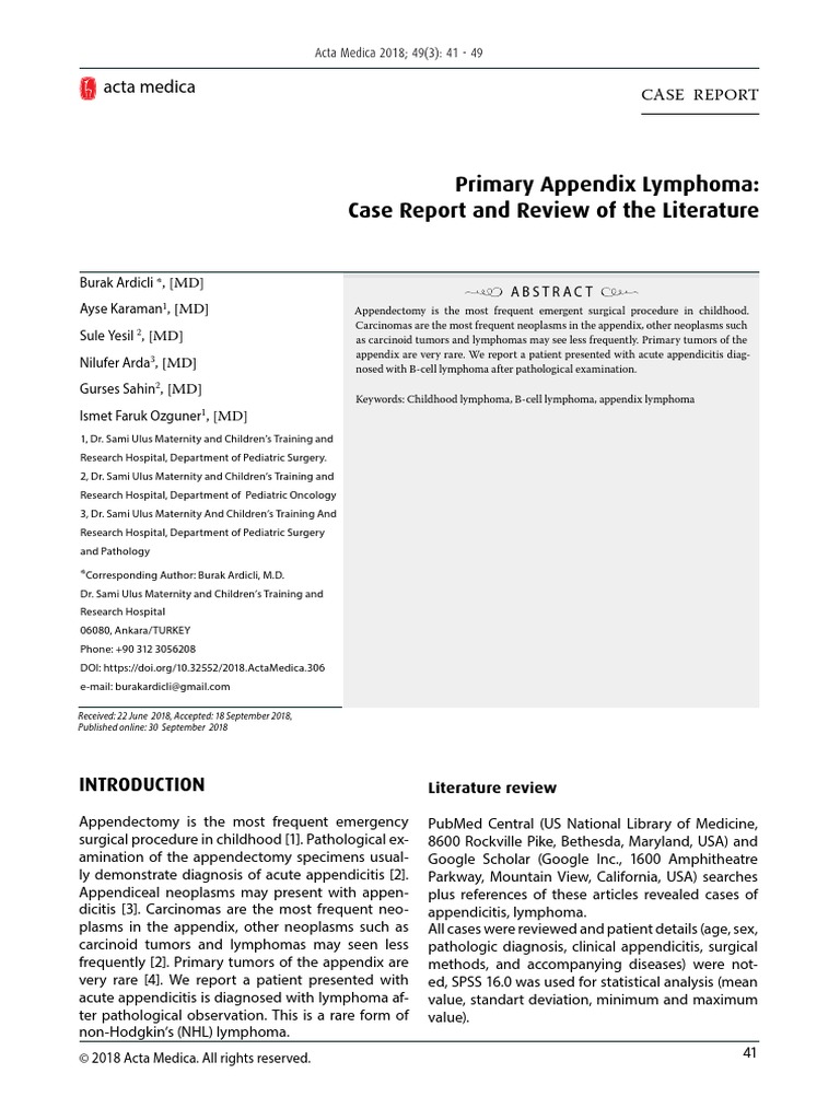 Primary Appendix Lymphoma: Case Report and Review of The Literature ...