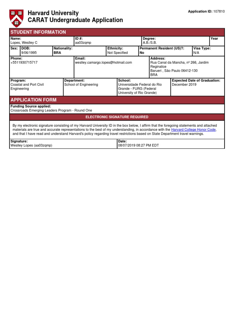 Harvard University CARAT Undergraduate Application: Student Information ...