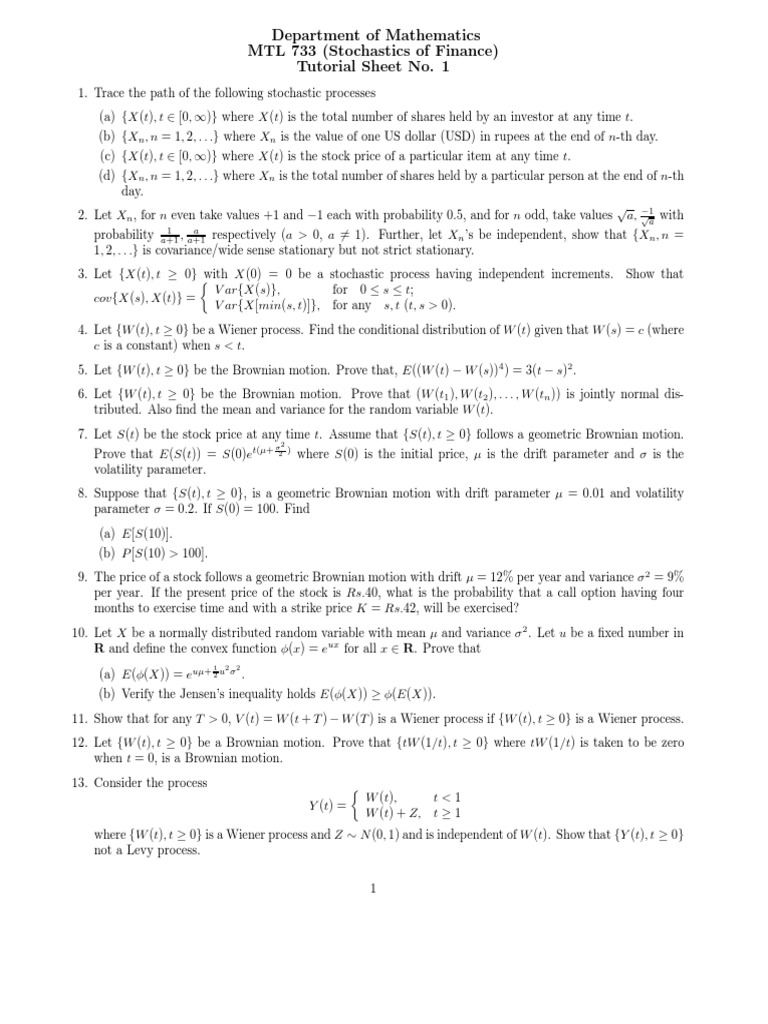 Department of Mathematics MTL 733 (Stochastics of Finance) Tutorial ...