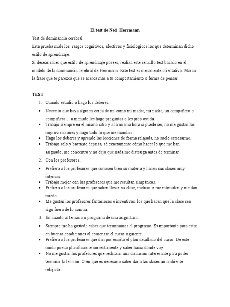 Test de Dominancia Cerebral Herrmann | PDF | Las emociones ...