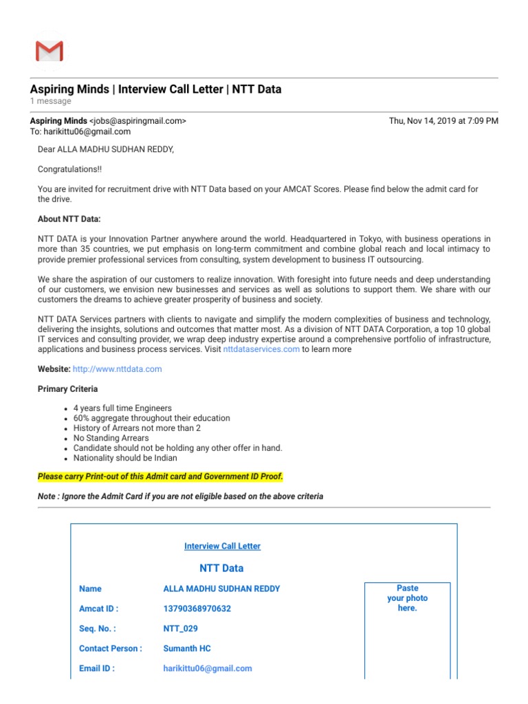 Gmail - Aspiring Minds - Interview Call Letter - NTT Data PDF | PDF ...