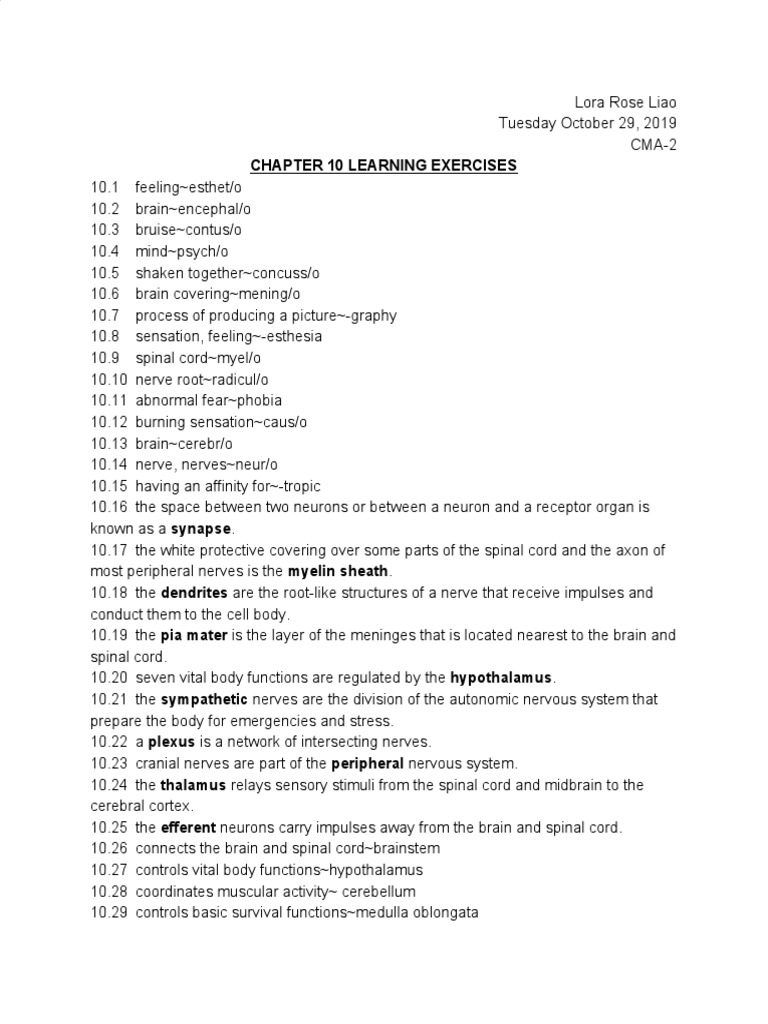 Chapter 10 Learning Exercises | PDF | Neuron | Nervous System