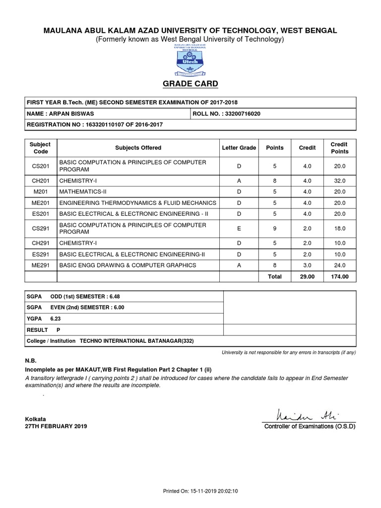 Grade Card for Arpan Biswas, Second Semester B.Tech Student at MAKAUT, WB | PDF | Computing ...