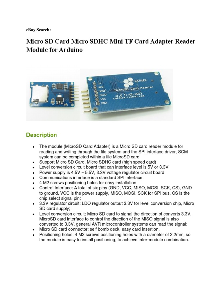 Micro SD Card Micro SDHC Mini TF Card Adapter Reader Module For Arduino ...
