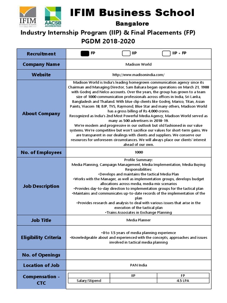 Industry Internship Program (IIP) & Final Placements (FP) PGDM 2018 ...