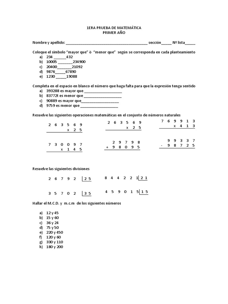 Prueba de Matemáticas para Primer Año | PDF