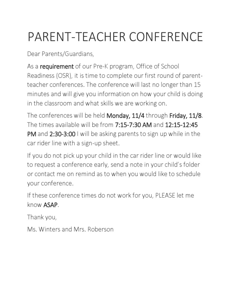 Pre-K Parent-Teacher Conference Schedule | PDF