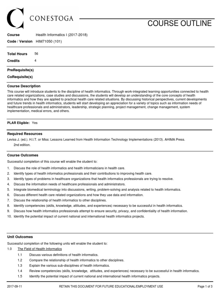 Course Outline | PDF | Health Informatics | Health Care