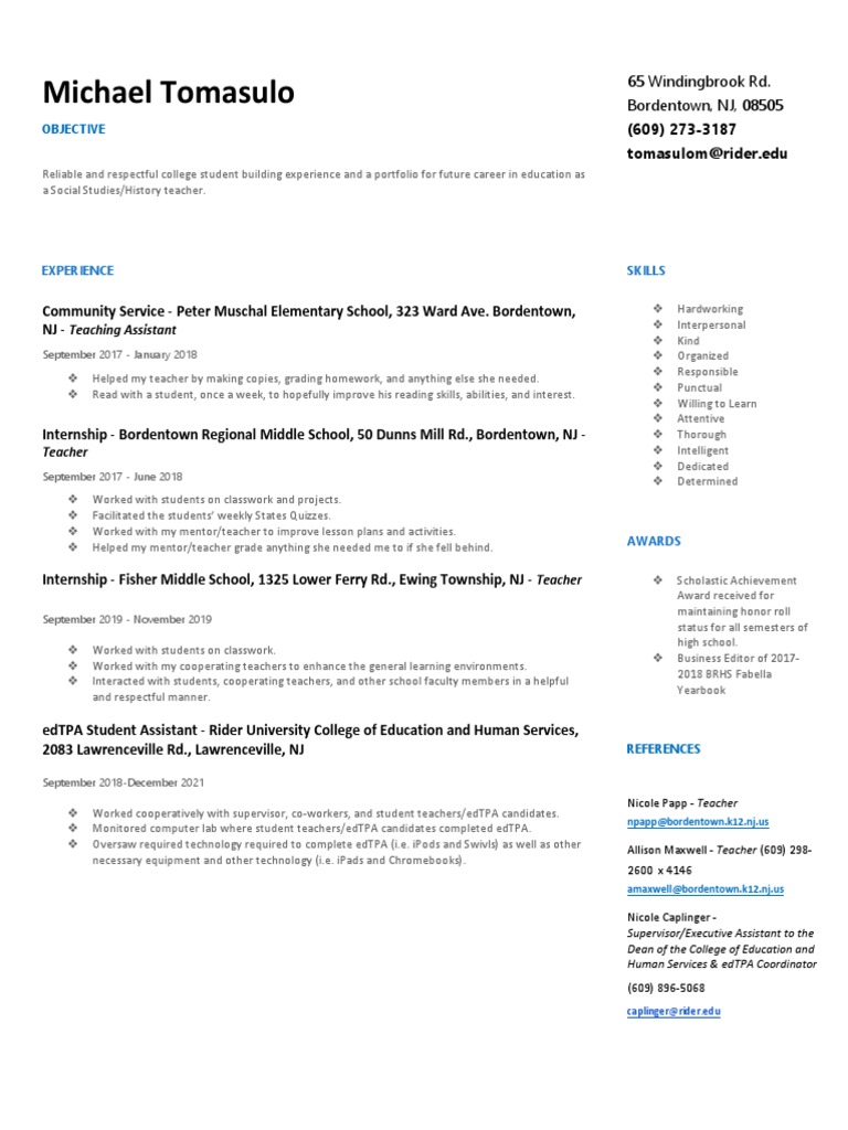 Michael Tomasulo: Objective | PDF | Mentorship | Teachers