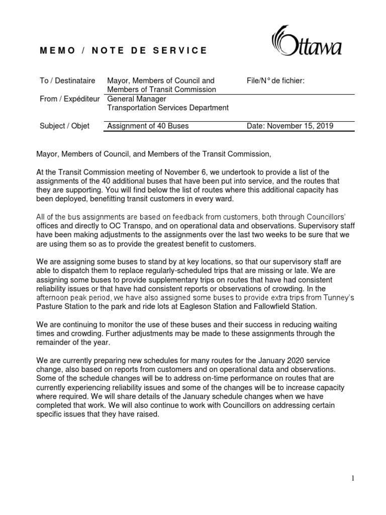 Memo To Council - Assignment of 40 Buses - Nov. 15 2019 | PDF | Public ...
