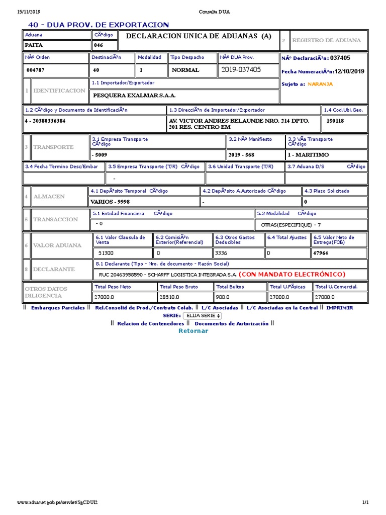 Declaracion Unica de Aduanas (A) : 40 - Dua Prov. de Exportacion | PDF ...