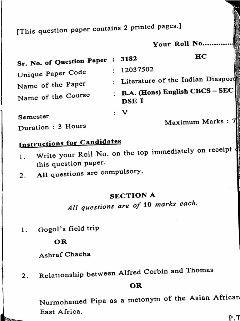 Literature of The Indian Diaspora - Question Paper | PDF