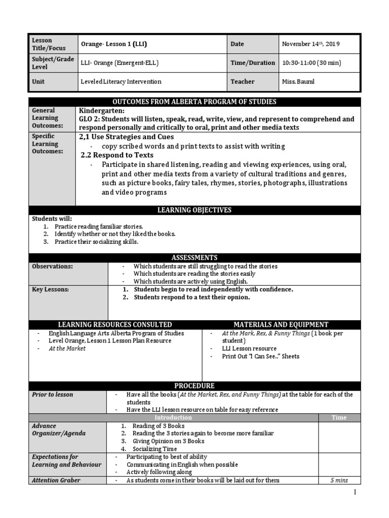 Lli-Orange Lesson 1 | PDF | Books | Lesson Plan