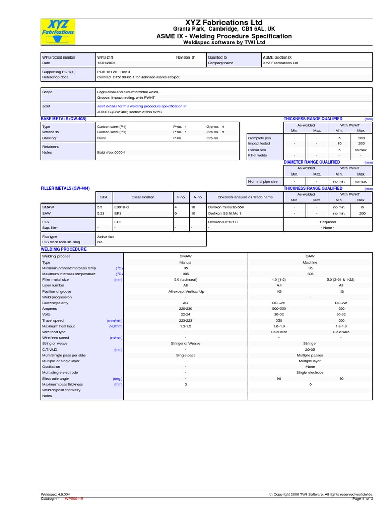 Weldspec ASME WPS ASME IX | PDF | Welding | Construction