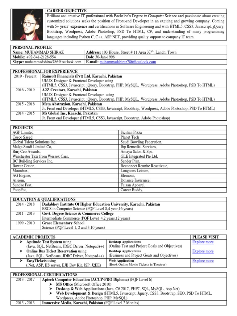 Muhammad Shiraz Frontend Curriculum Vitae | PDF | Eclipse (Software) | Net Beans