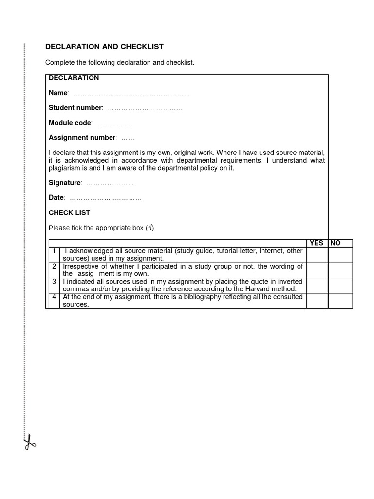 Declaration and Checklist: Declaration Name Student Number Module Code ...