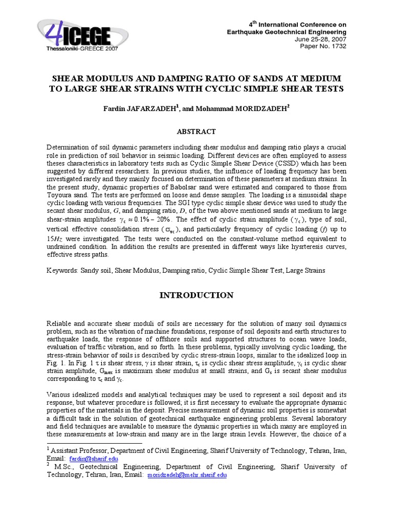 Shear Modulus and Damping Ratio of Sands at Medium | PDF | Young's ...