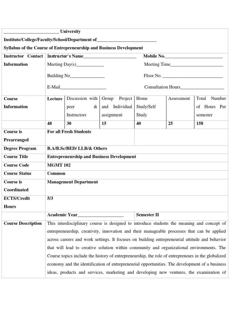 Entrepreneurship Syllabus | PDF | Entrepreneurship | Competence (Human ...