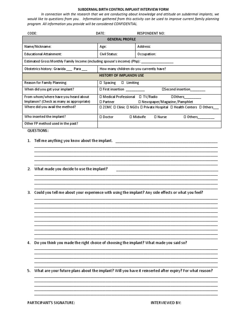 Subdermal Birth Control Implant Questionnaire | PDF | Family Planning ...