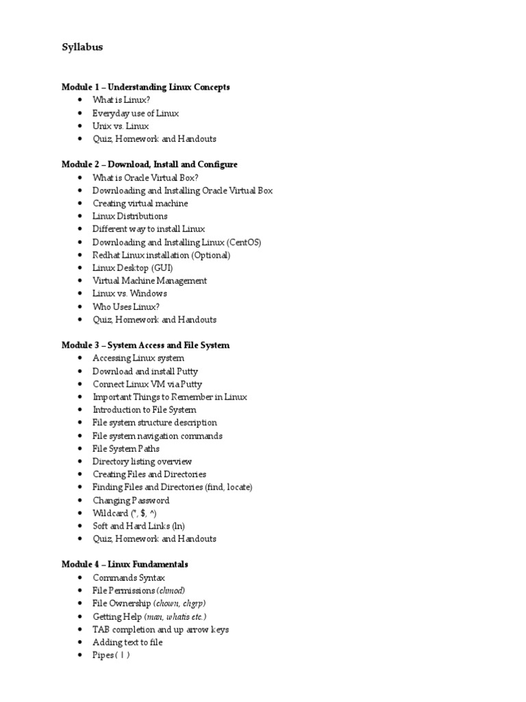 Syllabus: Module 1 - Understanding Linux Concepts | PDF | Linux | Shell ... Syllabus: Module 1 - Understanding Linux Concepts | PDF | Linux | Shell ...