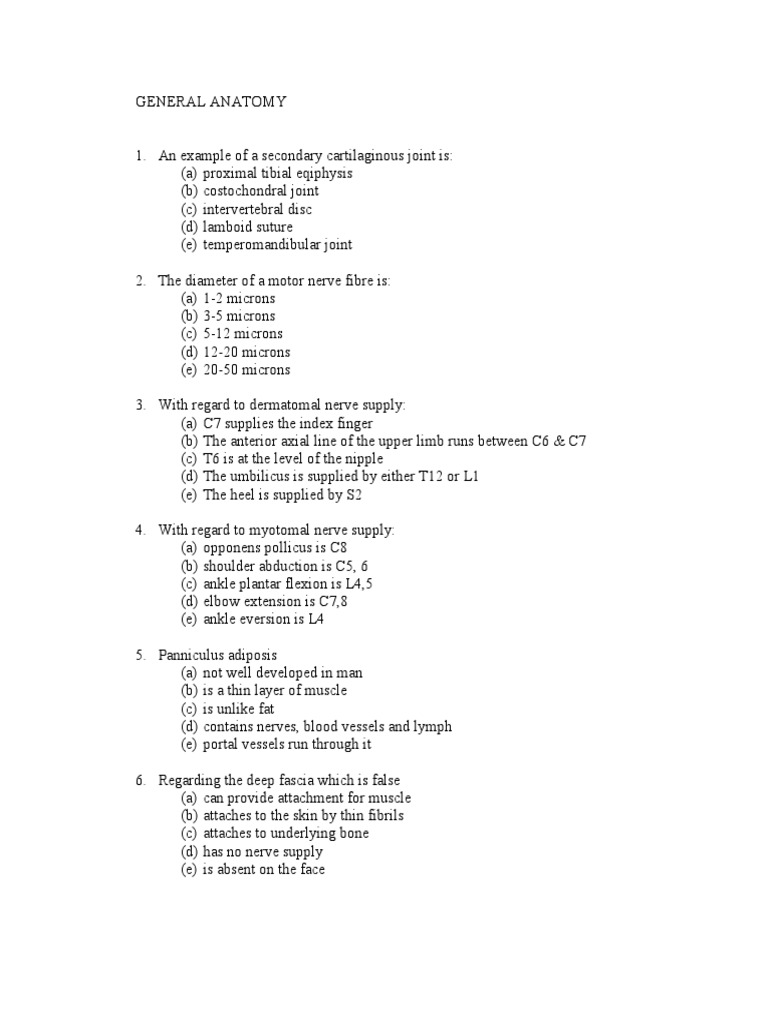 Anatomy MCQ - General PDF | PDF | Cartilage | Bone