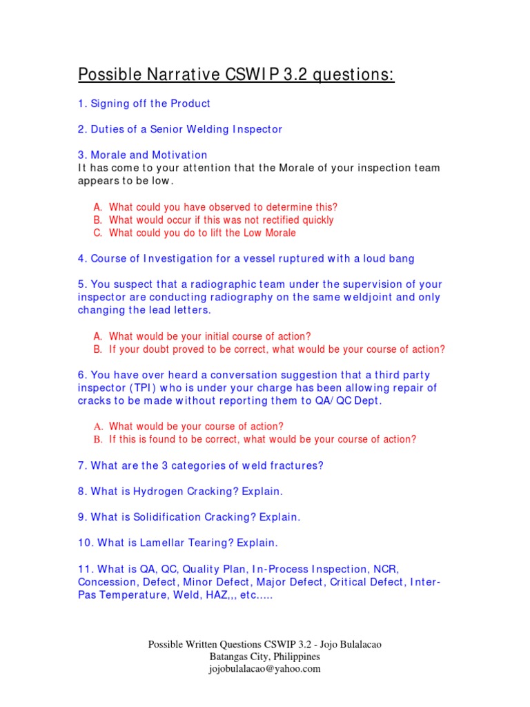 Possible CSWIP 3.2 Narrative Questions | PDF | Technology & Engineering