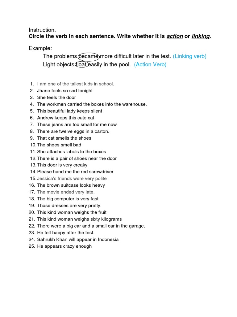 Exercise - Linking - Action Verbs PDF | PDF | Language Arts & Discipline