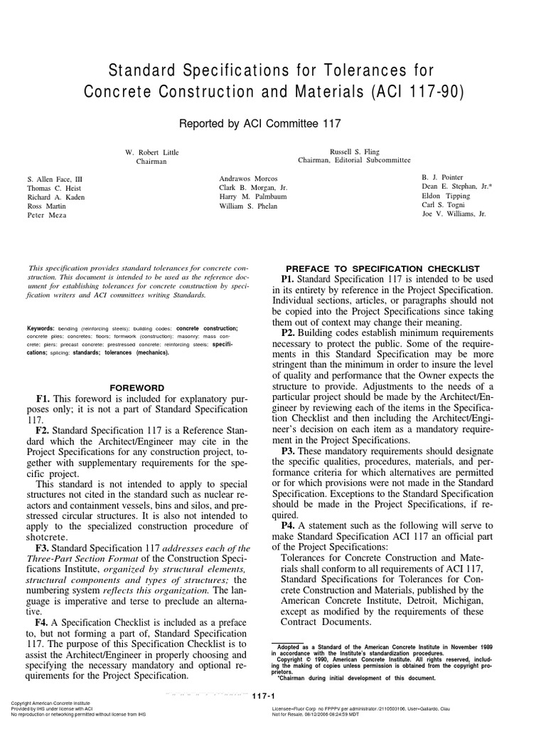 ACI 117-90 Tolerances Concrete | PDF | Concrete | Specification ...