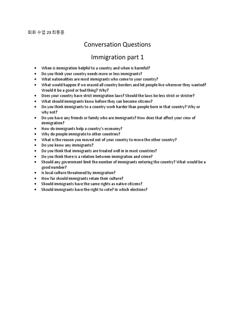 Conversation Questions Immigration Part 1 | PDF