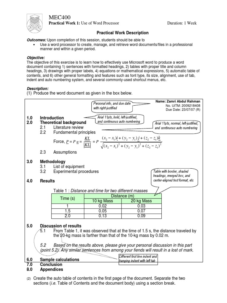 Practical Work 1: Use of Word Processor Practical Work Description ...