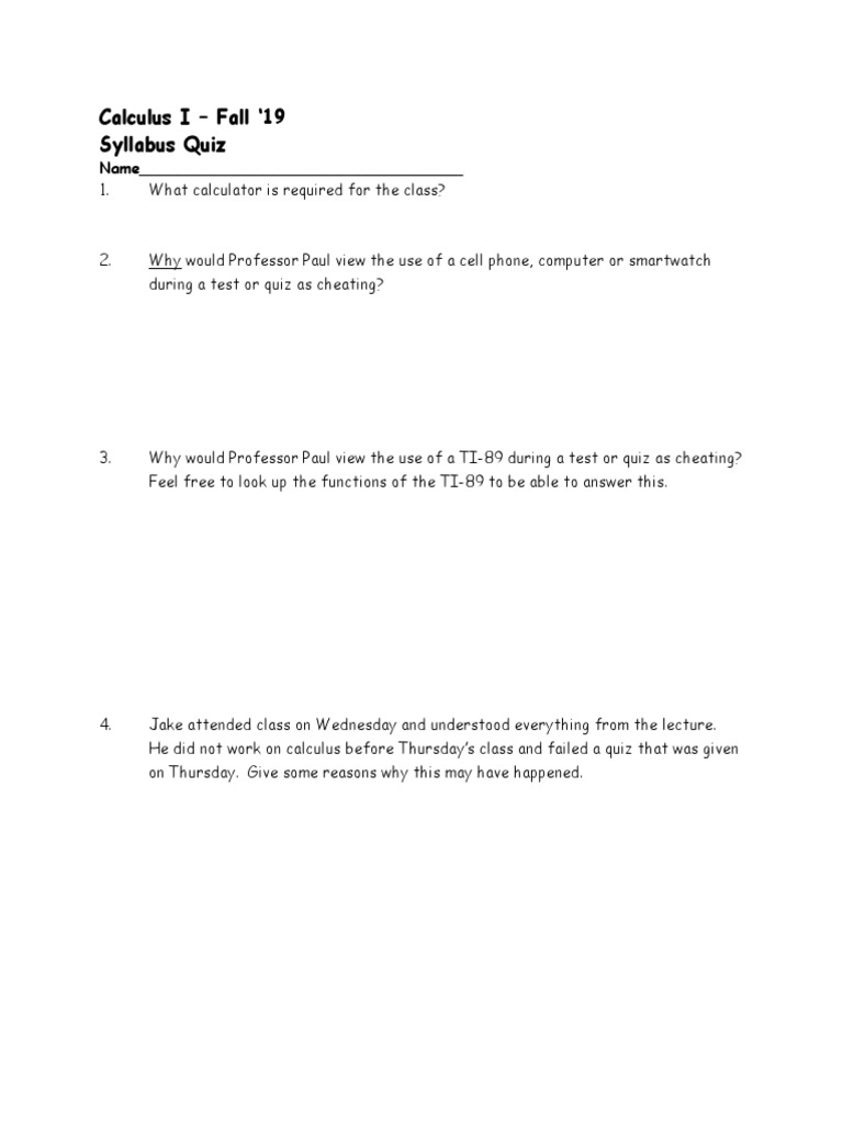 Calc I Syllabus Quiz | PDF | Trigonometric Functions | Learning