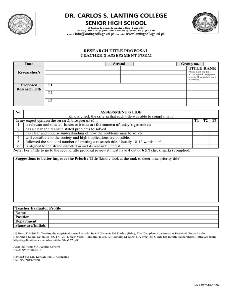 Research Title Proposal Teachers Assessment Form | PDF | Inquiry | Science