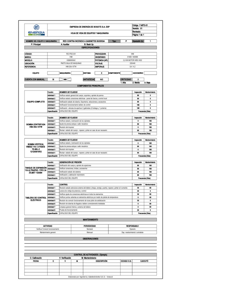 Formato Hoja de Mto Red Contra Incendio-Pso-001 | PDF | Bomba ...