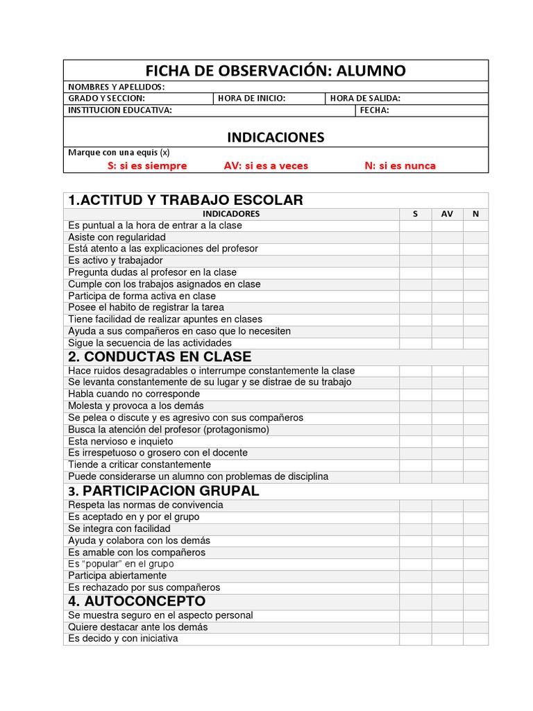 Ficha de Observación Del Alumno | PDF | Cognición | Conceptos psicologicos