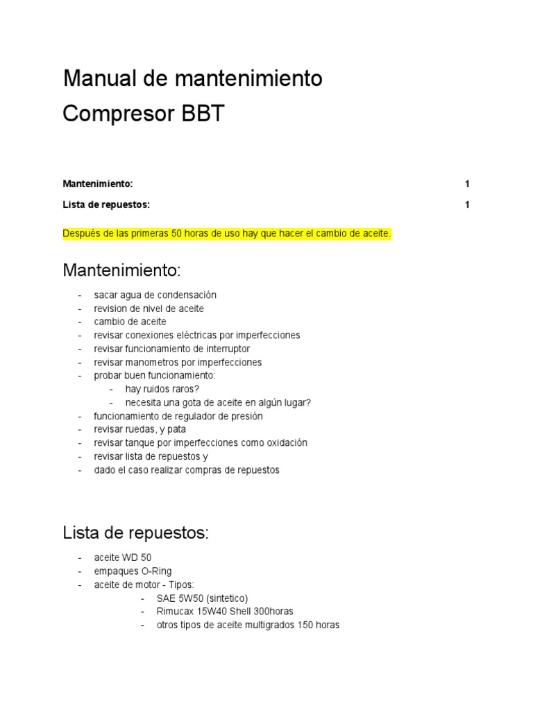 Manual de Mantenimiento Compresor BBT | PDF
