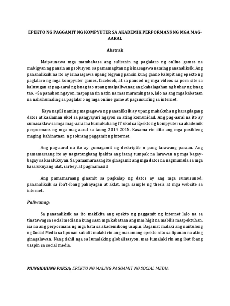 Epekto NG Paggamit NG Kompyuter Sa Akademik Perpormans NG Mga Mag | PDF
