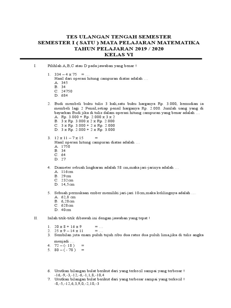 Soal Matik Kelas 6 | PDF