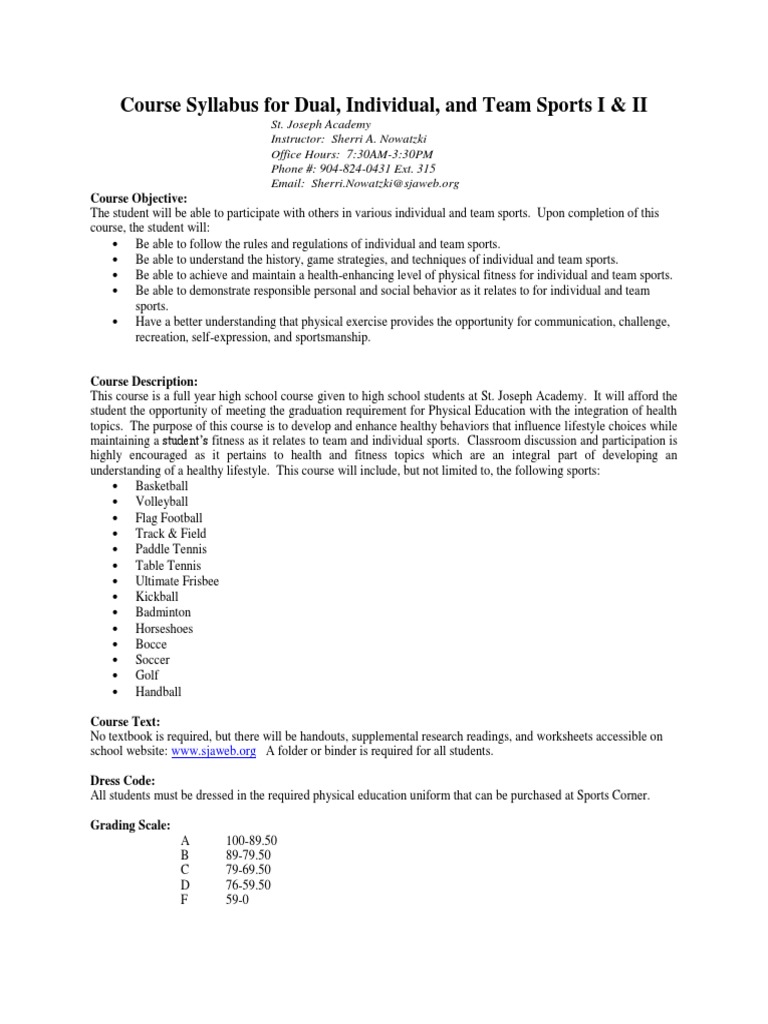 Course Syllabus For Team Ind - Sports 2014-2015 | PDF | Homework ...