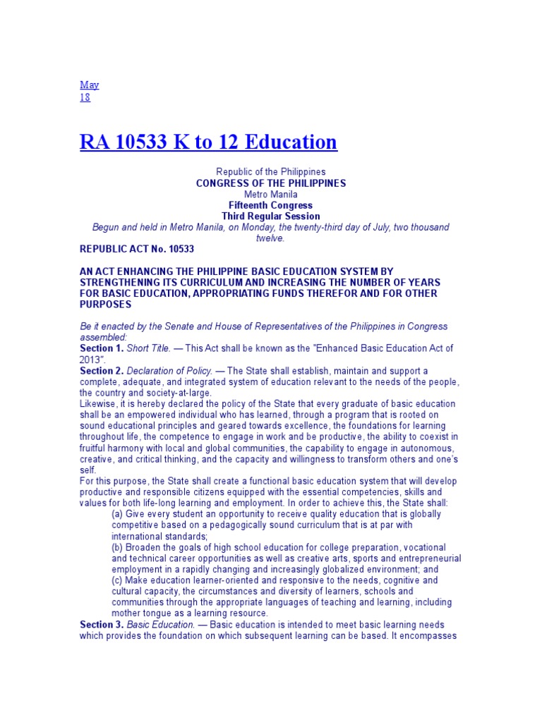 Ra 10533 | PDF | Curriculum | Secondary Education