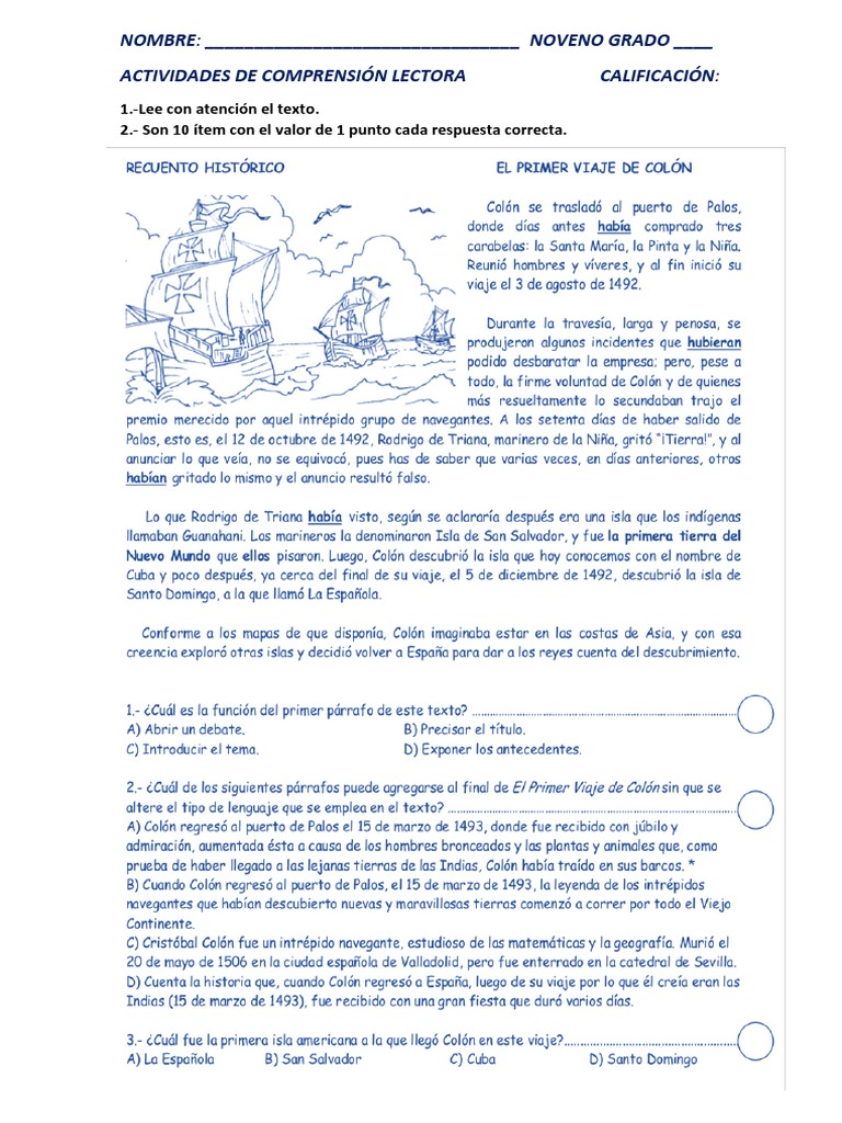 Lectura Comprensiva - Viaje de Colon - Noveno | PDF