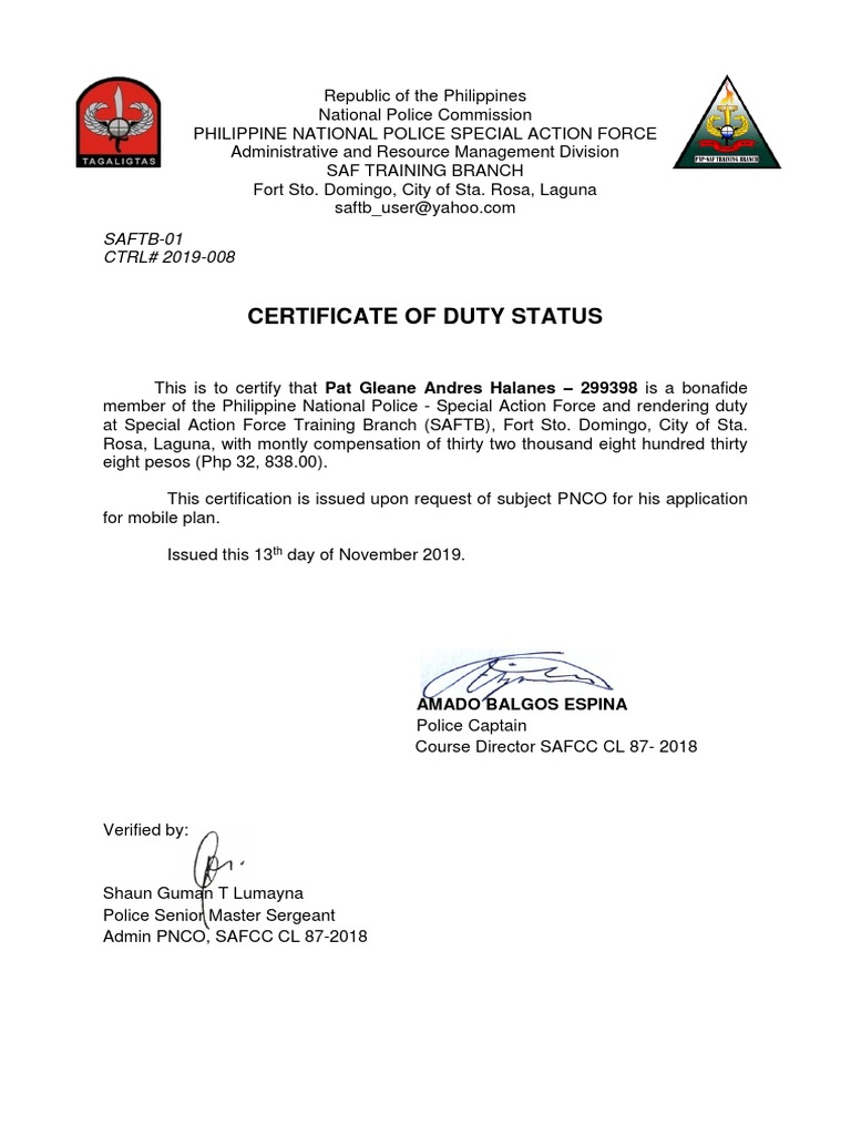 Certificate of Duty Status: SAFTB-01 CTRL# 2019-008 | PDF