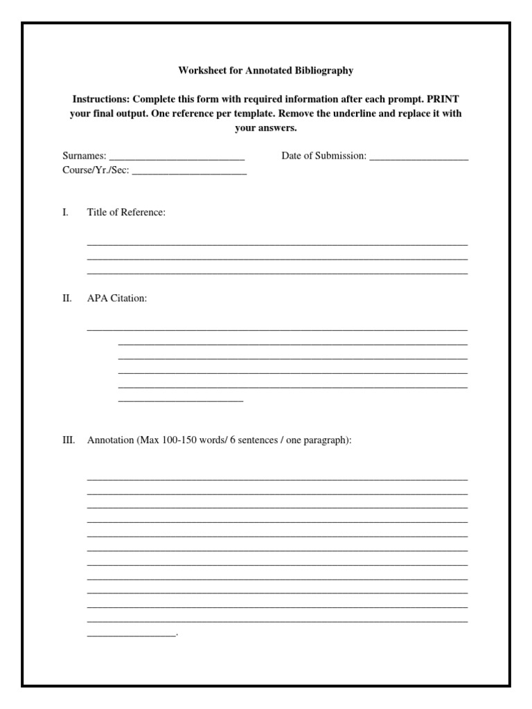 Worksheet For Annotated Bibliography | PDF
